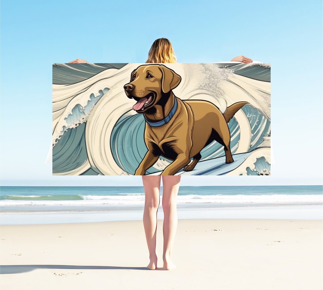 Chocolate Labrador on a Surfboard Surfing in a Wave on the Beach as a ...