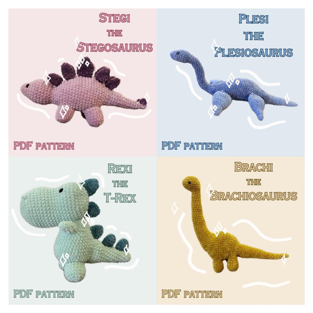 Dinosaur Plushie PDF PATTERN BUNDLE, 4-pack Crochet, Brachiosaurus, Plesiosaurus, Stegosaurus, T ...