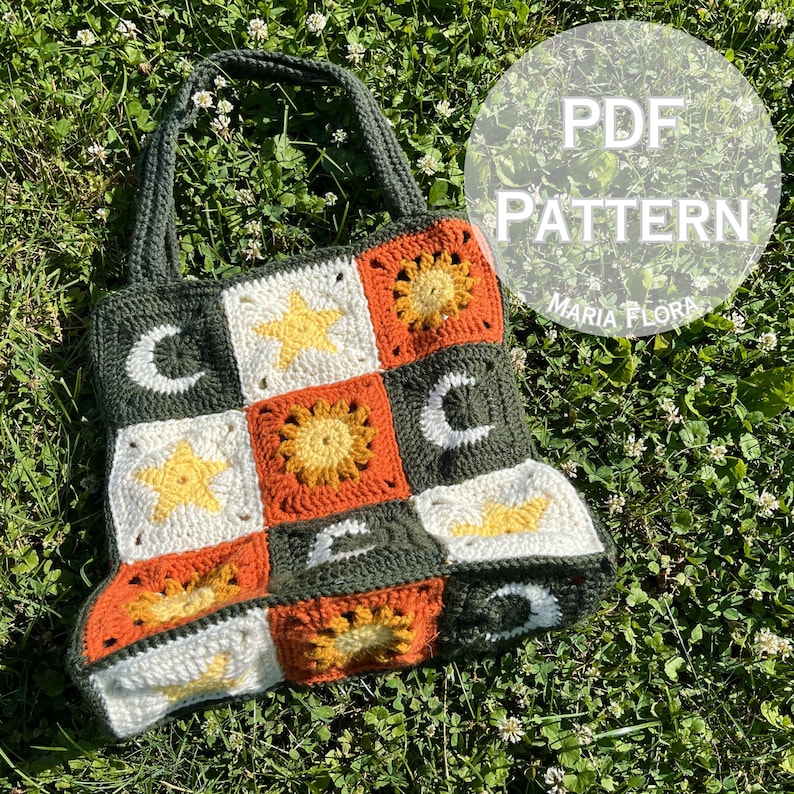 Sun Moon and Star Crochet Bag PDF PATTERN, Easy Knit Tote Bag ...