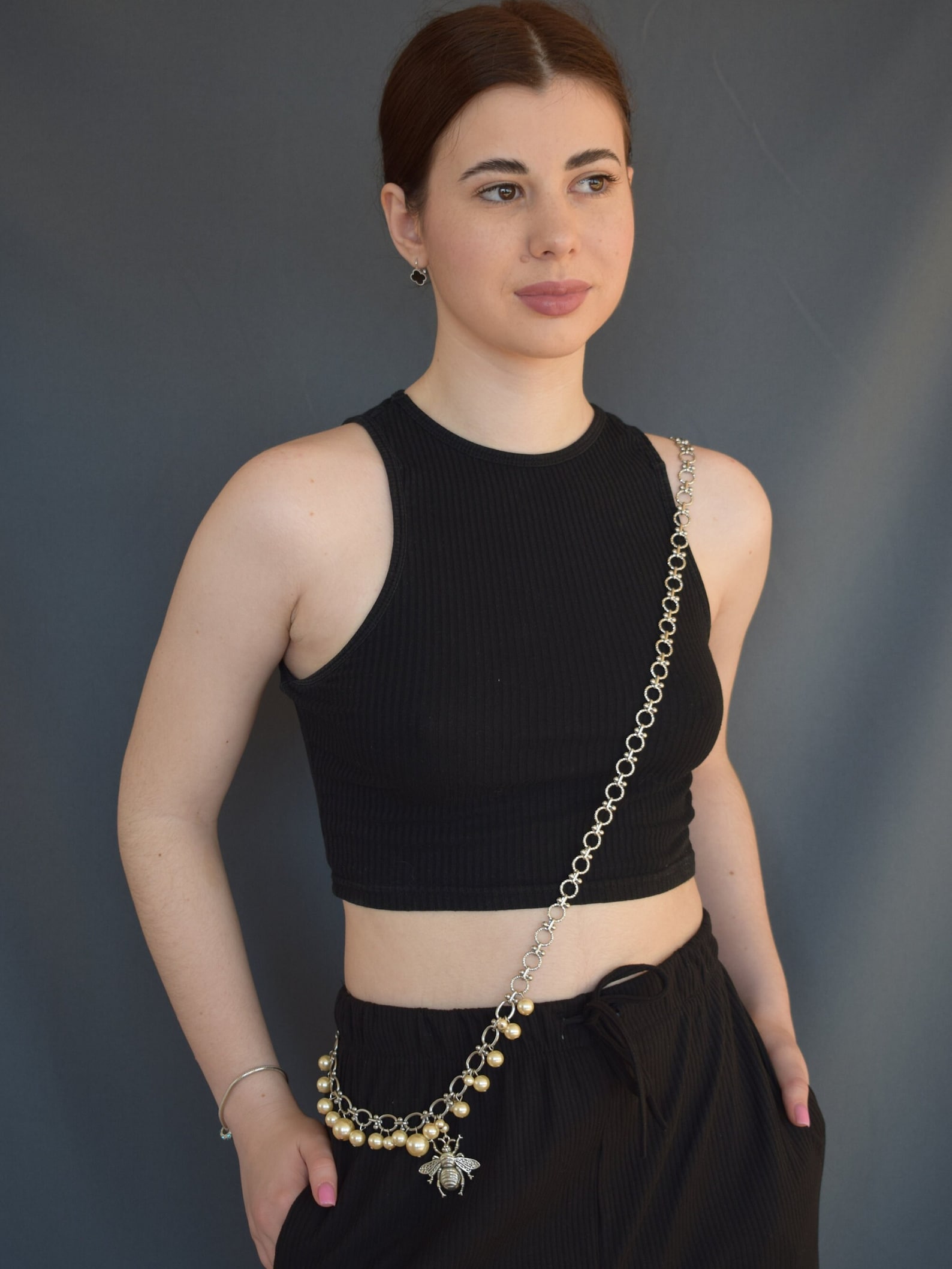 Large Chain One Shoulder Long Body Jewelry With Bug Charm and Pearls - Etsy