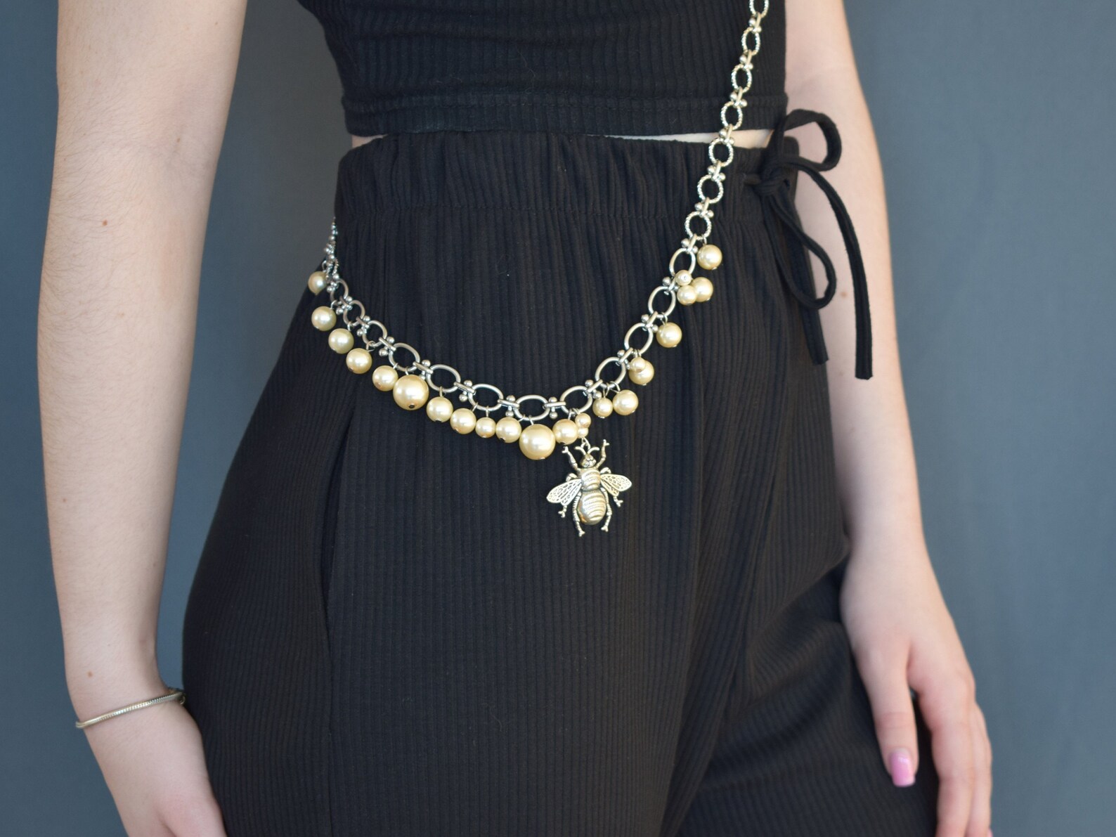 Large Chain One Shoulder Long Body Jewelry With Bug Charm and Pearls - Etsy