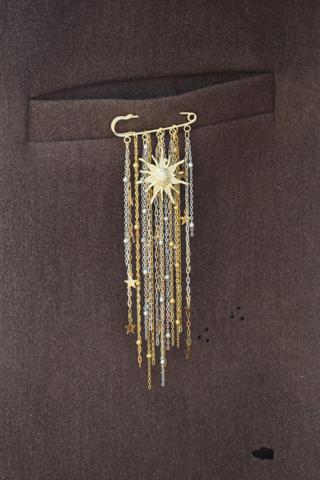 Mixed Metal Celestial Long Chains Sun and Star Statement Brooch - Etsy