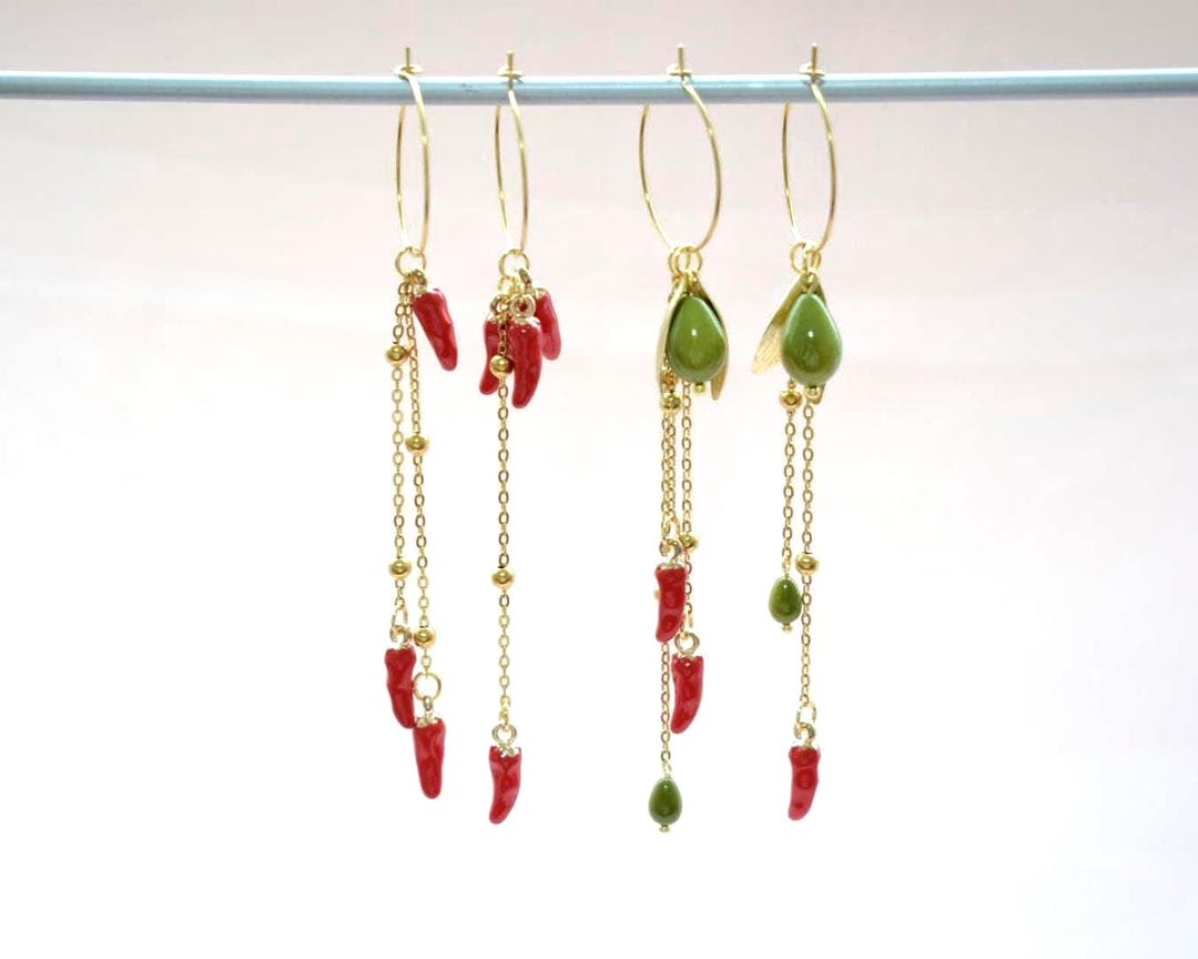 Mismatched Chili Pepper Hoop Earrings With Gold Chains, Bold Statement ...