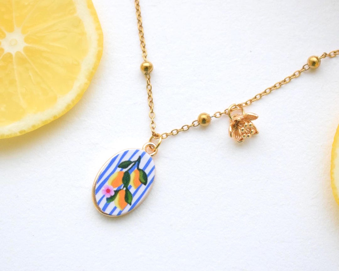Ceramic Lemon Jewelry Set Blue White Pendant Necklace, Short or ...
