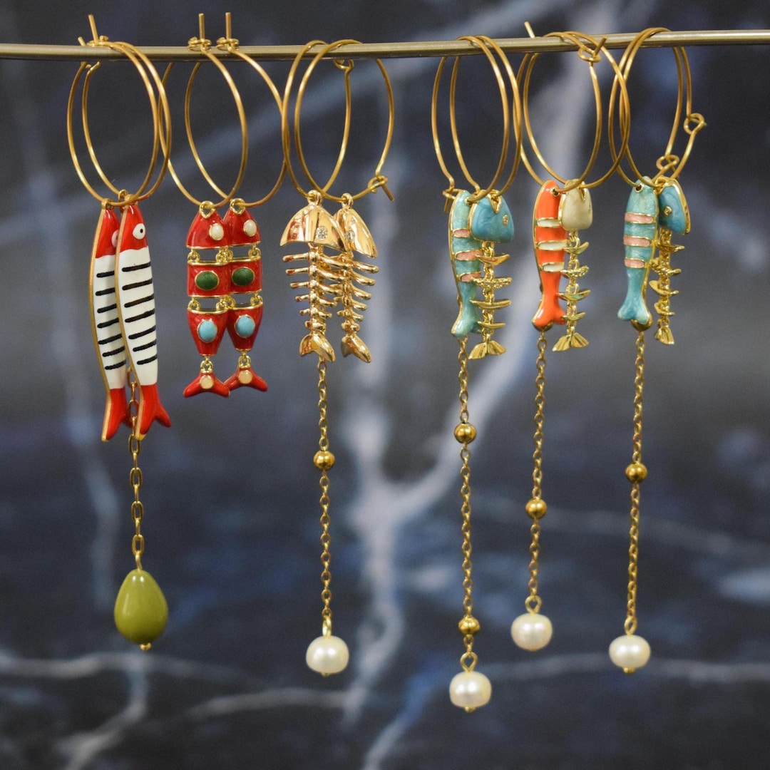 Mismatched Enamel Fish Hoop Earrings in Gold With Pearl Drop - Etsy