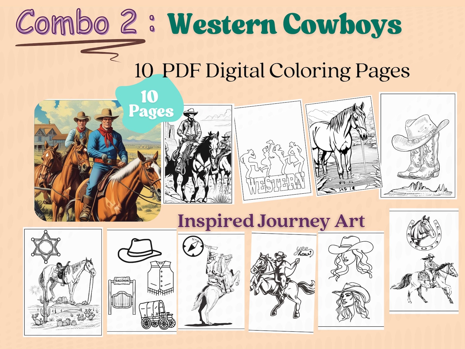 Western Cowboy Coloring Pages: Wild West Horses (PDF Download) - Etsy