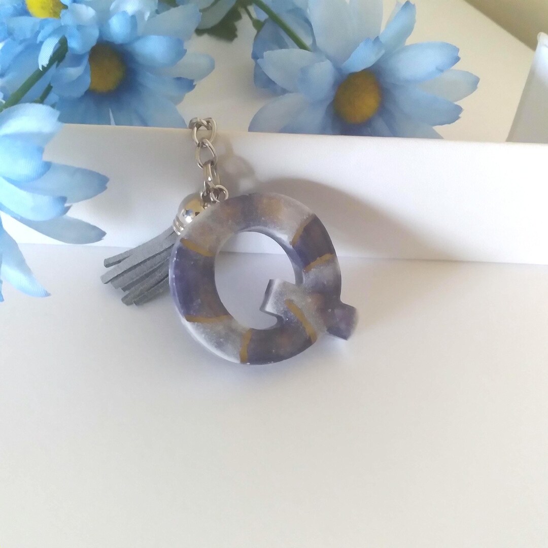 Marbled Resin Letter Q Keychain - Unique Purple & Gray Keychain Gift - Etsy