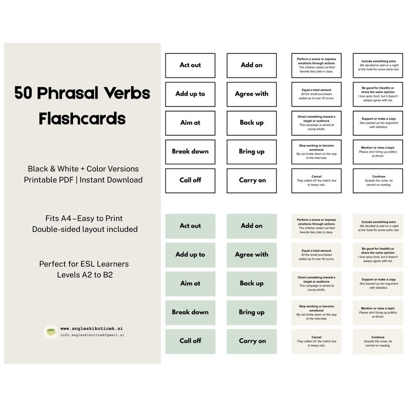 50 Essential Phrasal Verbs Flashcards – ESL Printable for English ...