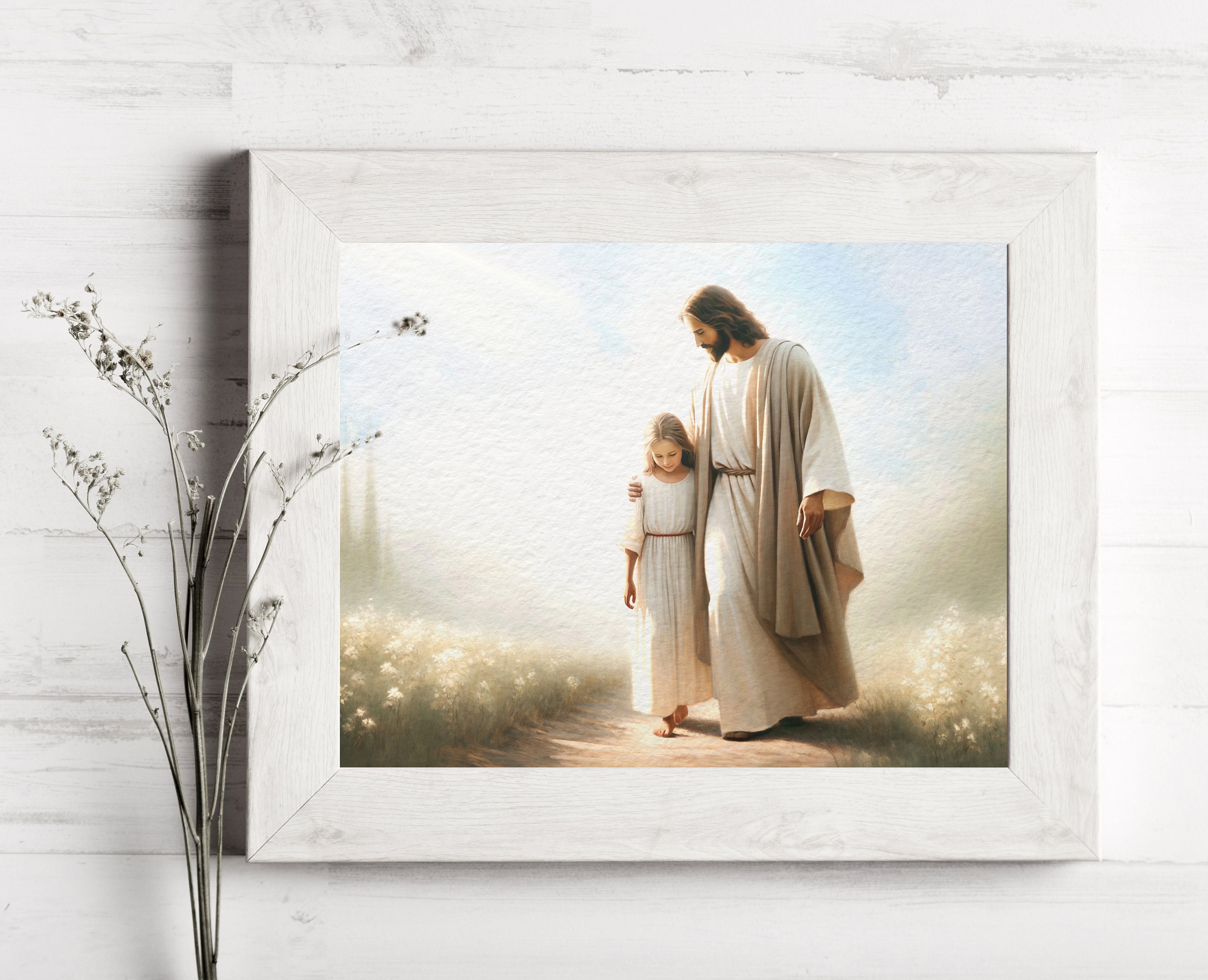 Jesus Walking With Girl Wall Art, Baptism Gift, Christian Inspirational ...