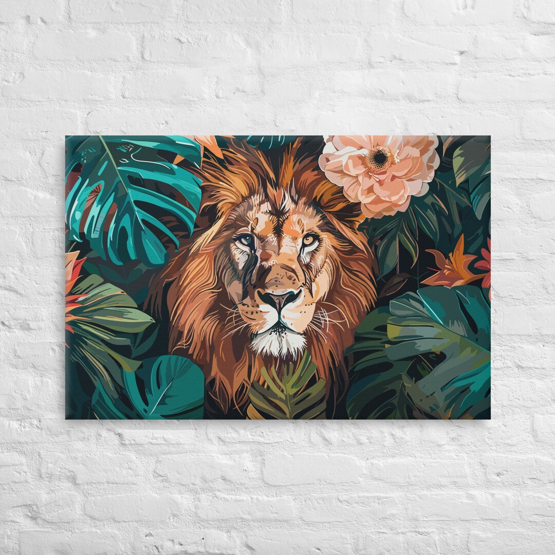 Lion Wall Art Colorful Jungle Wall Painting Living Room Decor Monstera ...
