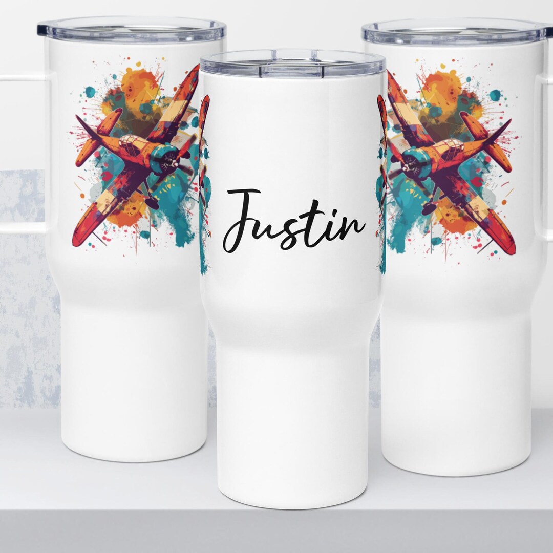 Custom Airplane Travel Mug, Personalized Plane Tumbler With A Handle ...