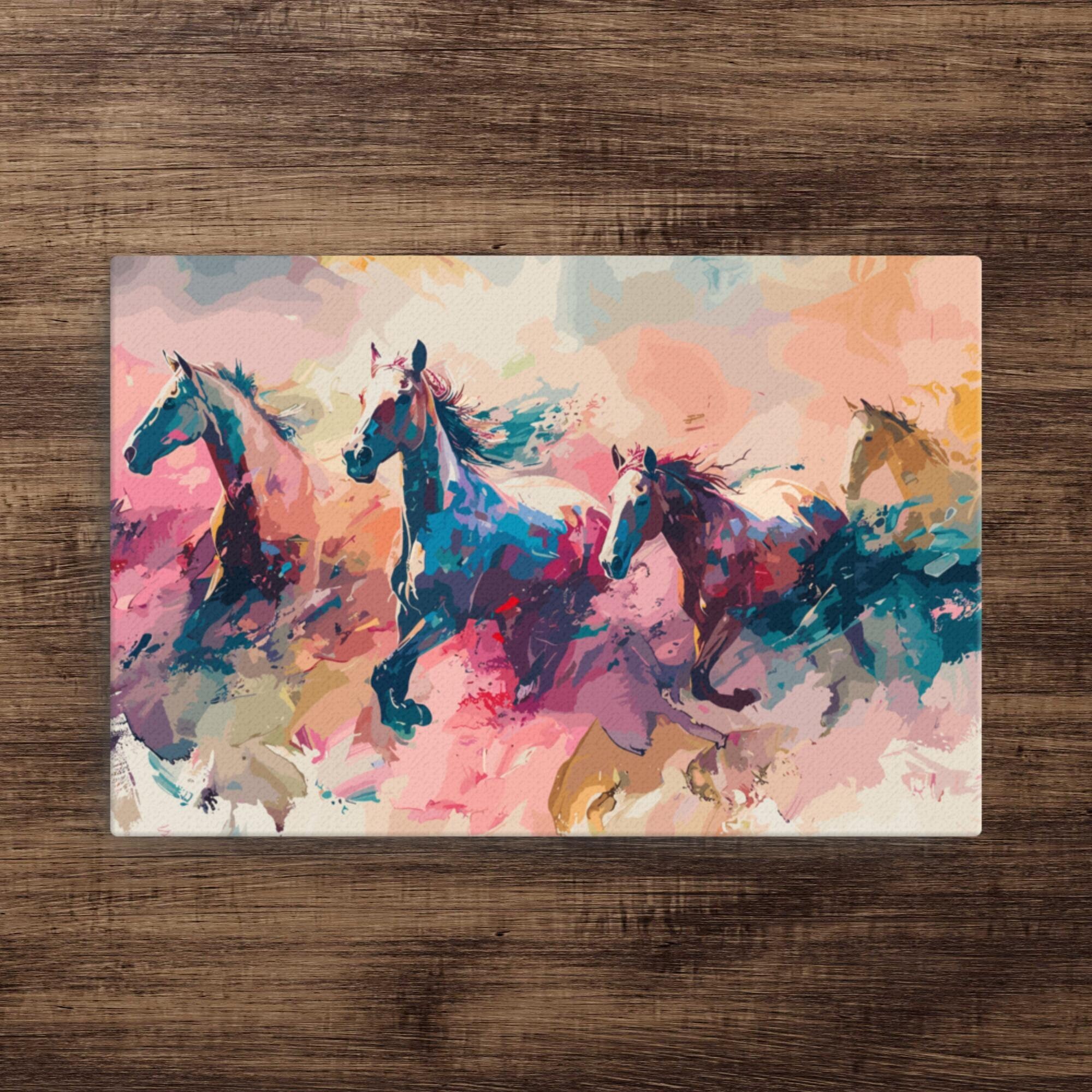 Colorful Wild Horses Wall Art, Vibrant Horse Painting Canvas Print ...