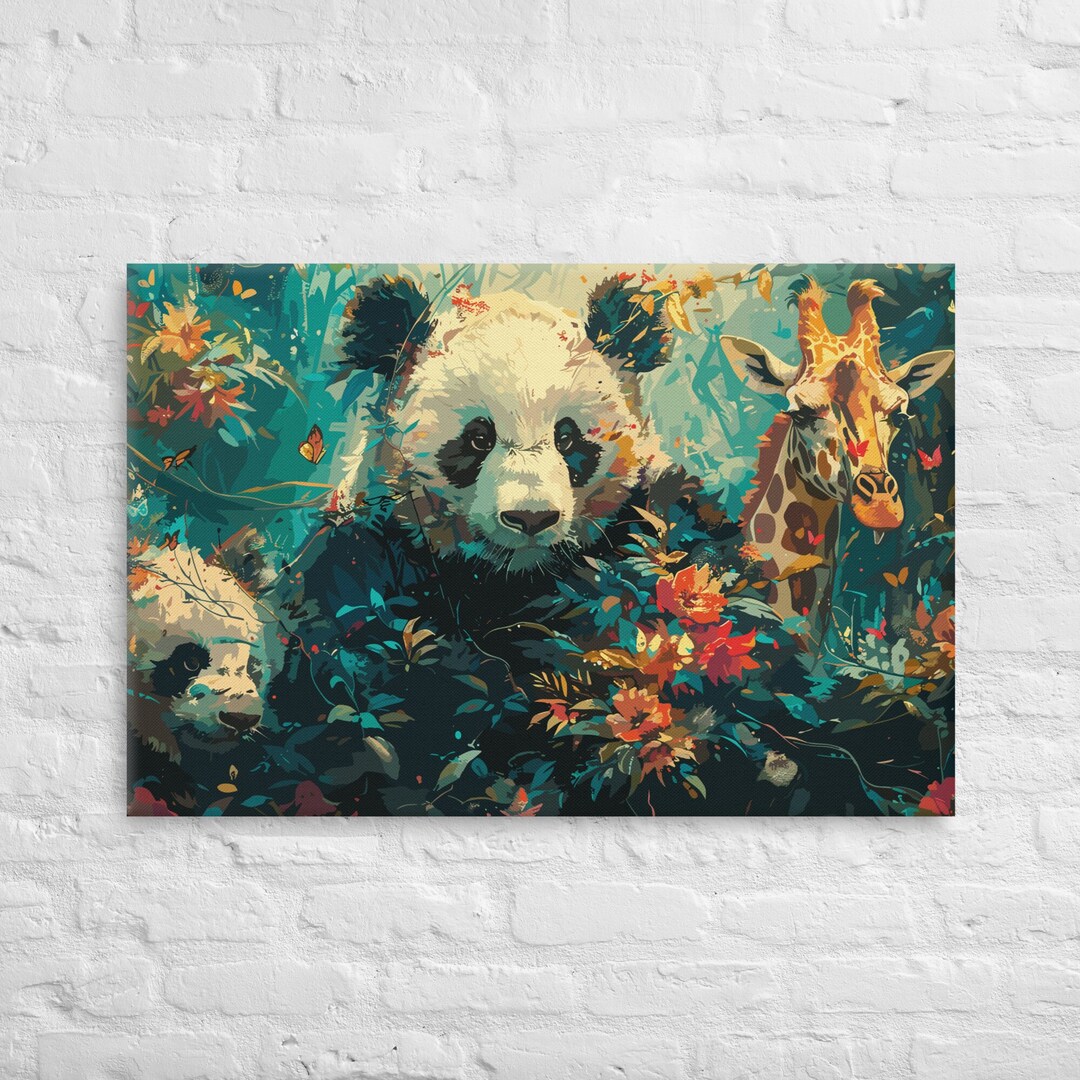 Jungle Wall Art Panda Print on Canvas Panda and Giraffe in the Wild ...