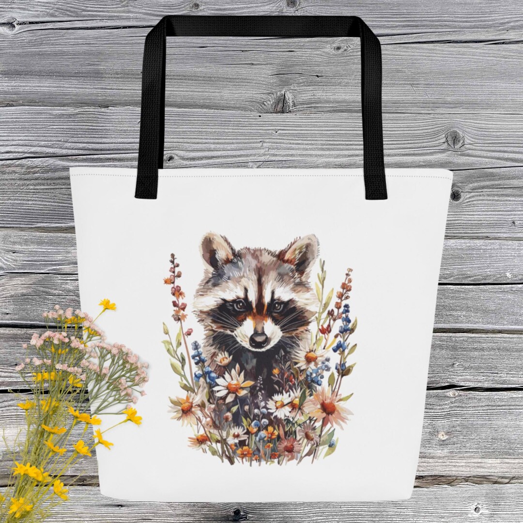 Floral Raccoon Tote Bag, Cottagecore Shopping Bag, Cute Flower Tote ...