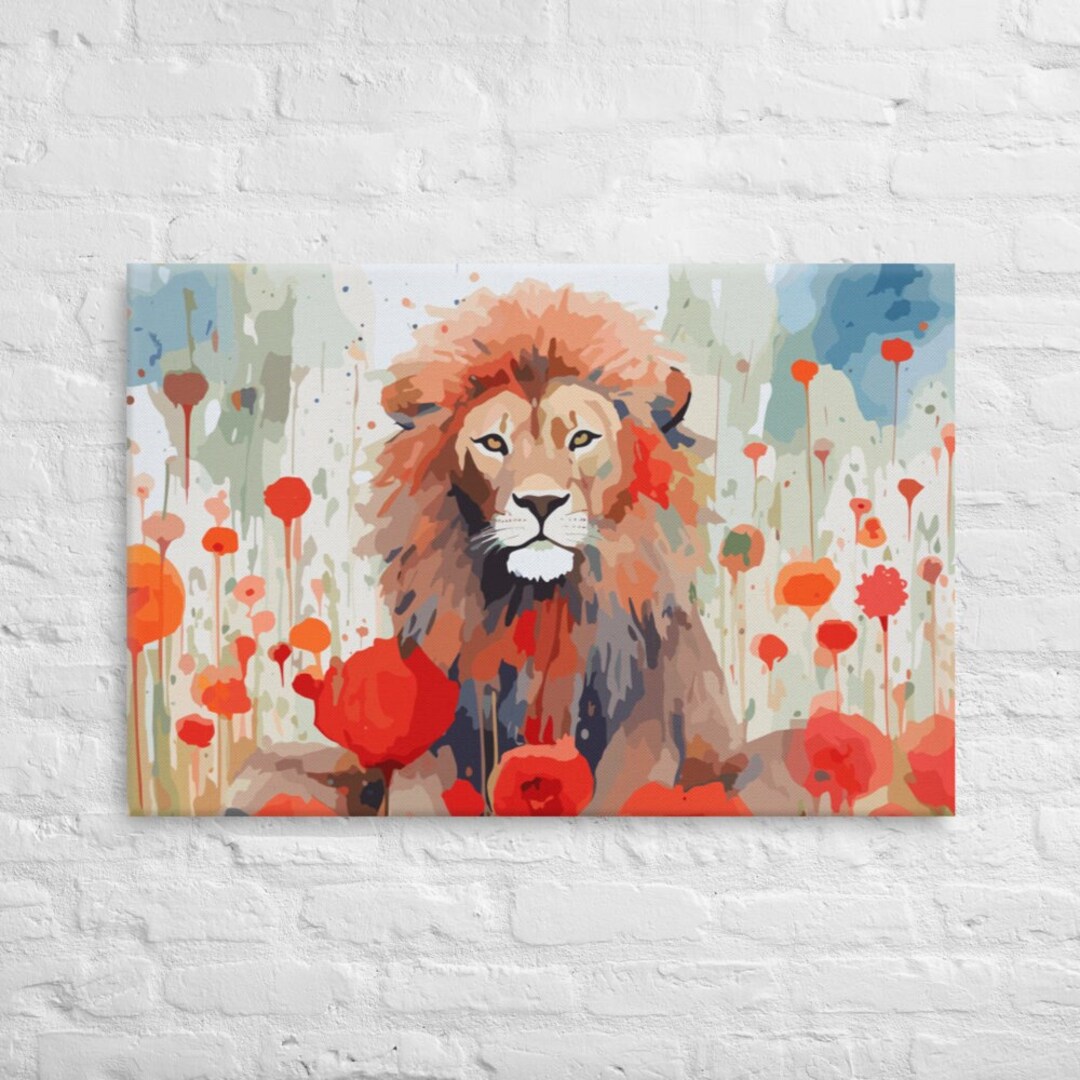Lion in Red Poppy Field: Vibrant Canvas Wall Art, Nature Portrait ...