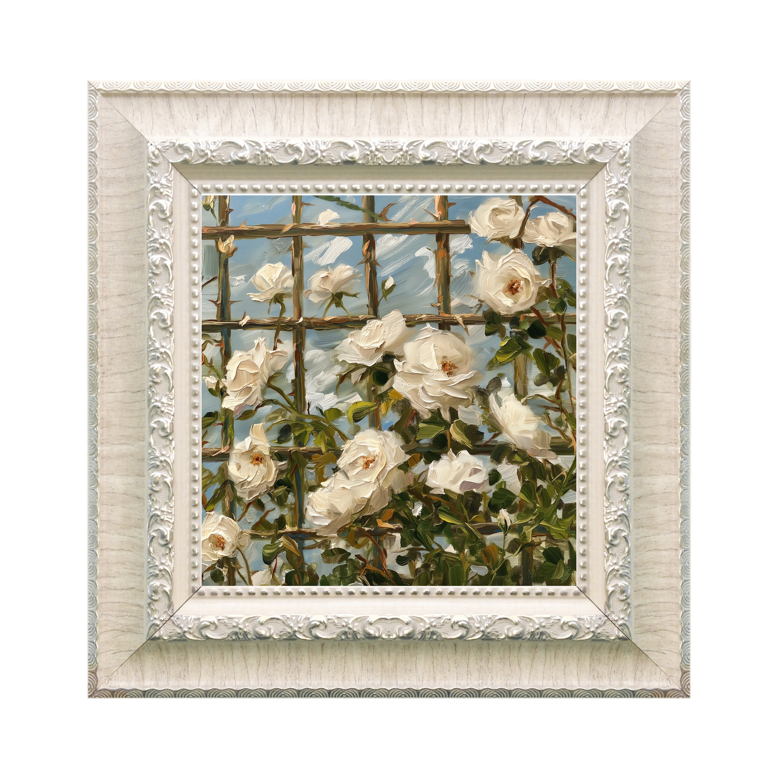 White Garden Roses on Trellis Print, Rose Art, Impressionist Wall Art ...