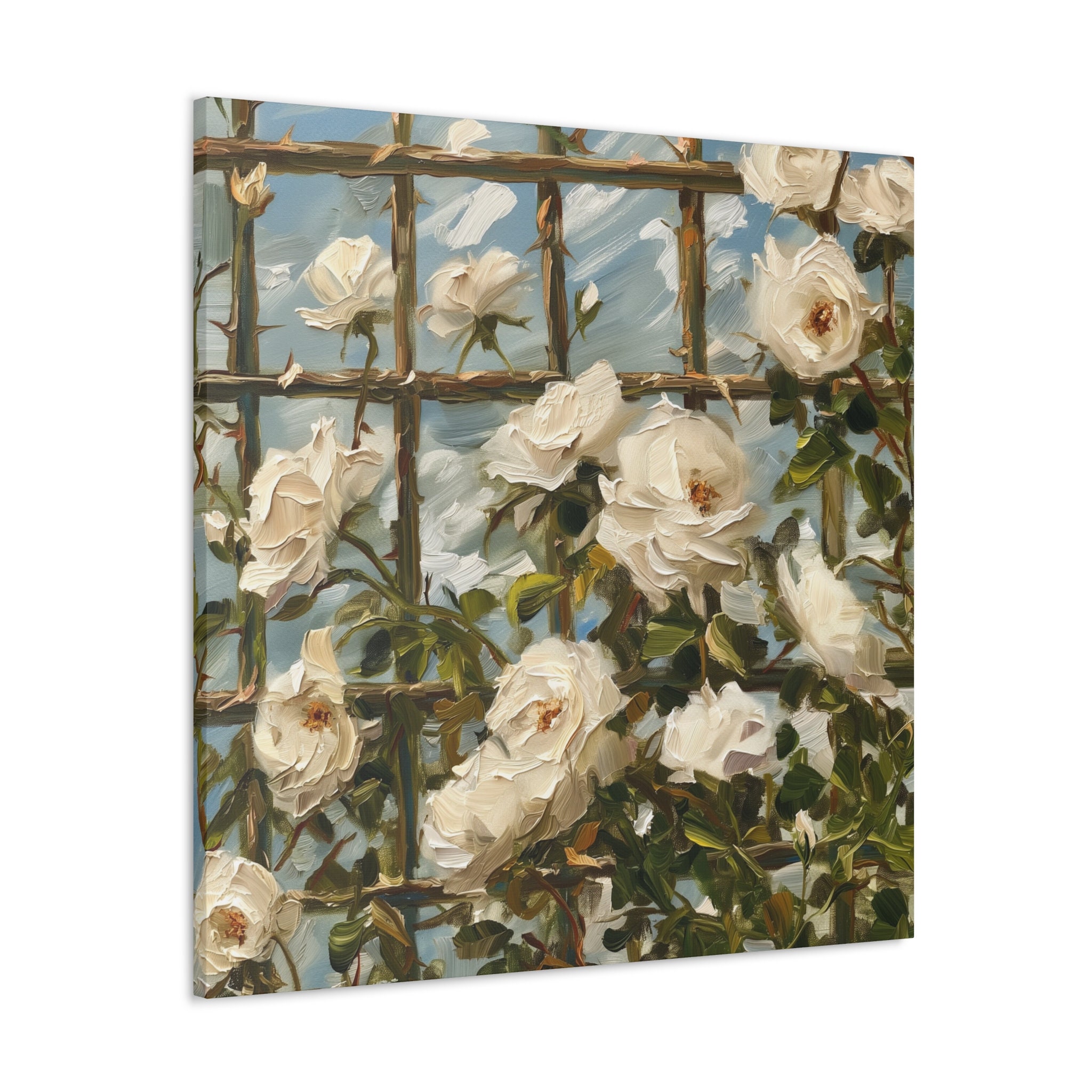 White Garden Roses on Trellis Print, Rose Art, Impressionist Wall Art ...