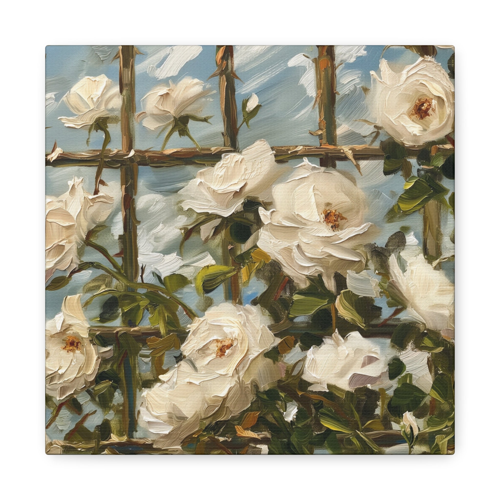 White Garden Roses on Trellis Print, Rose Art, Impressionist Wall Art ...
