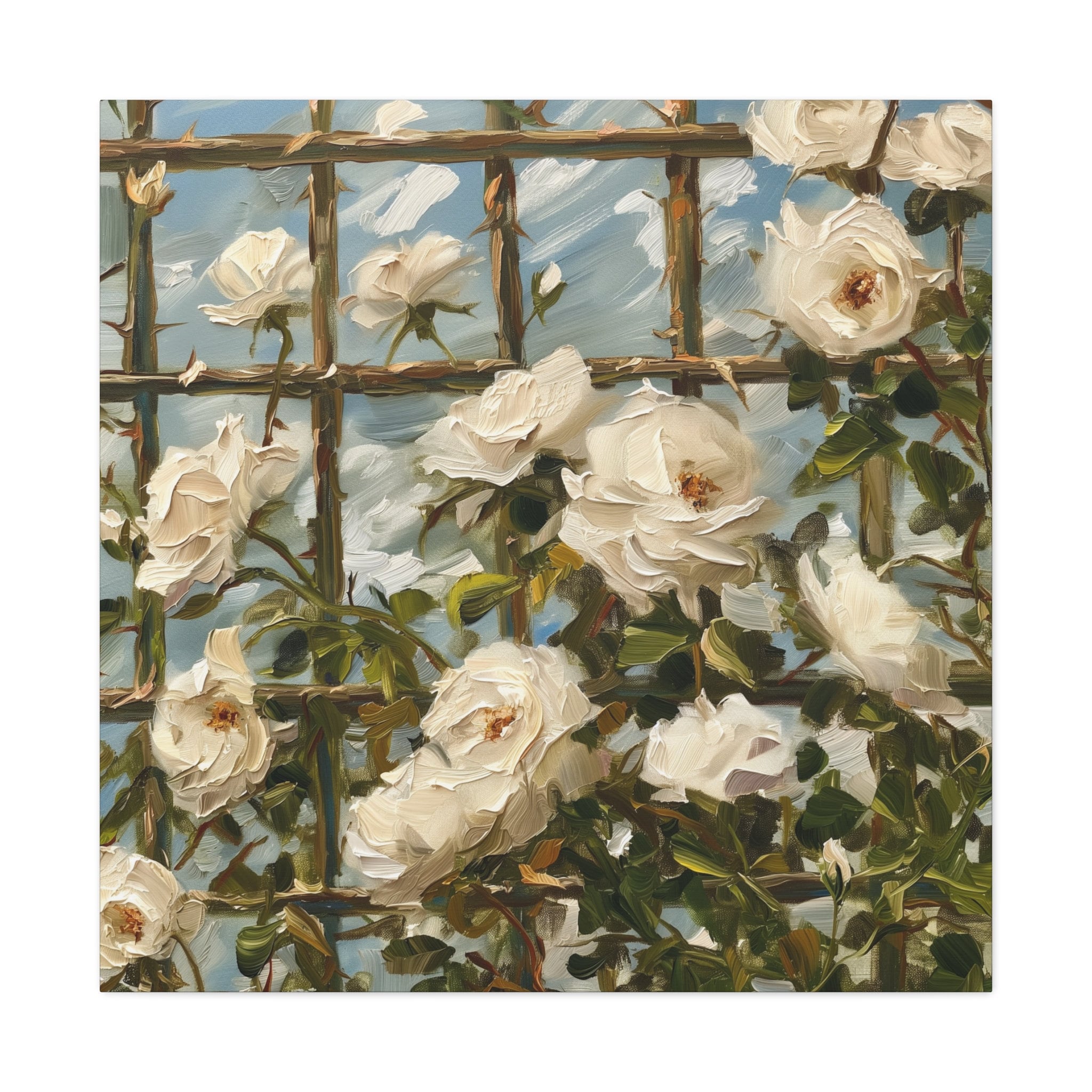 White Garden Roses on Trellis Print, Rose Art, Impressionist Wall Art ...