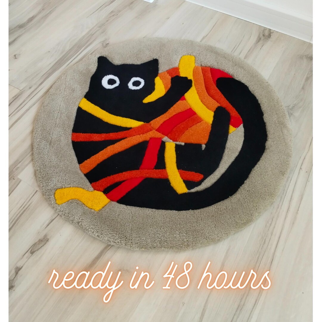 Handmade Cat Tufted Rug Cozy 24 Round Rug With Colorful Yarn Design ...