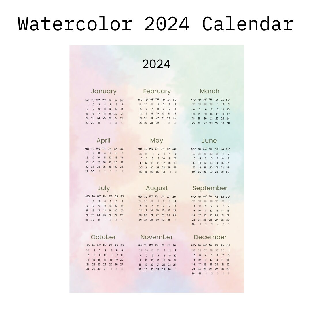 Watercolor Multicolor 2024 Printable Calendar - Etsy