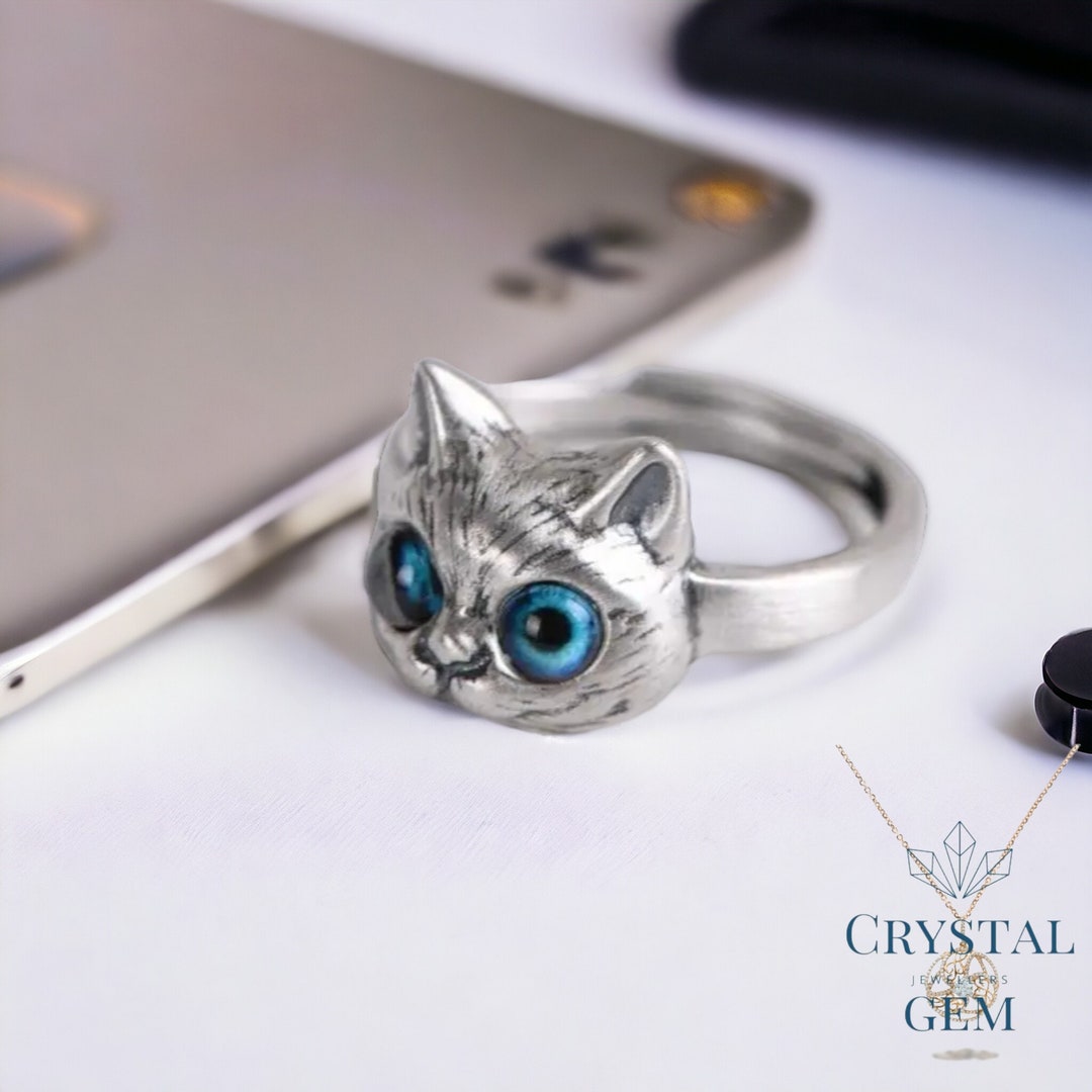 Cute Cat Metal Charm Ring, Innocent Blue Cat Mood Ring, Silver Colour ...
