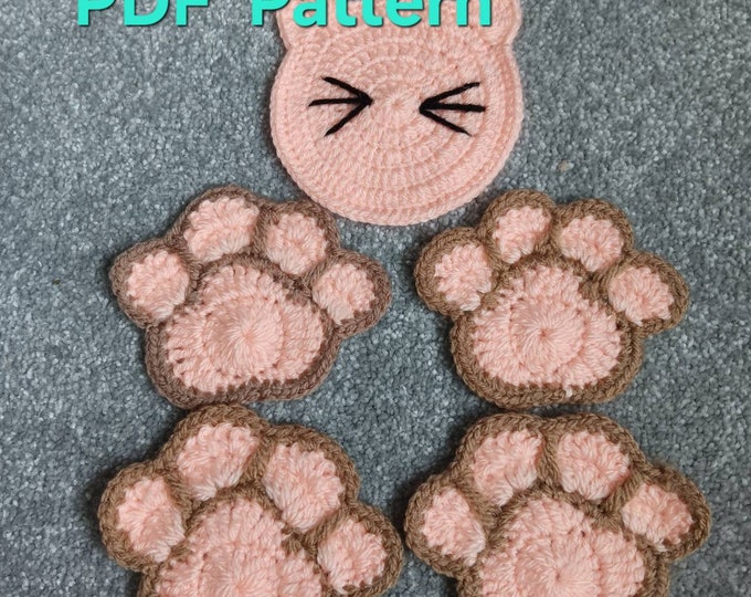 Crochet Pattern, Cat & Paw Coaster 2FOR1 Animal Paw Print Kitty - Etsy ...