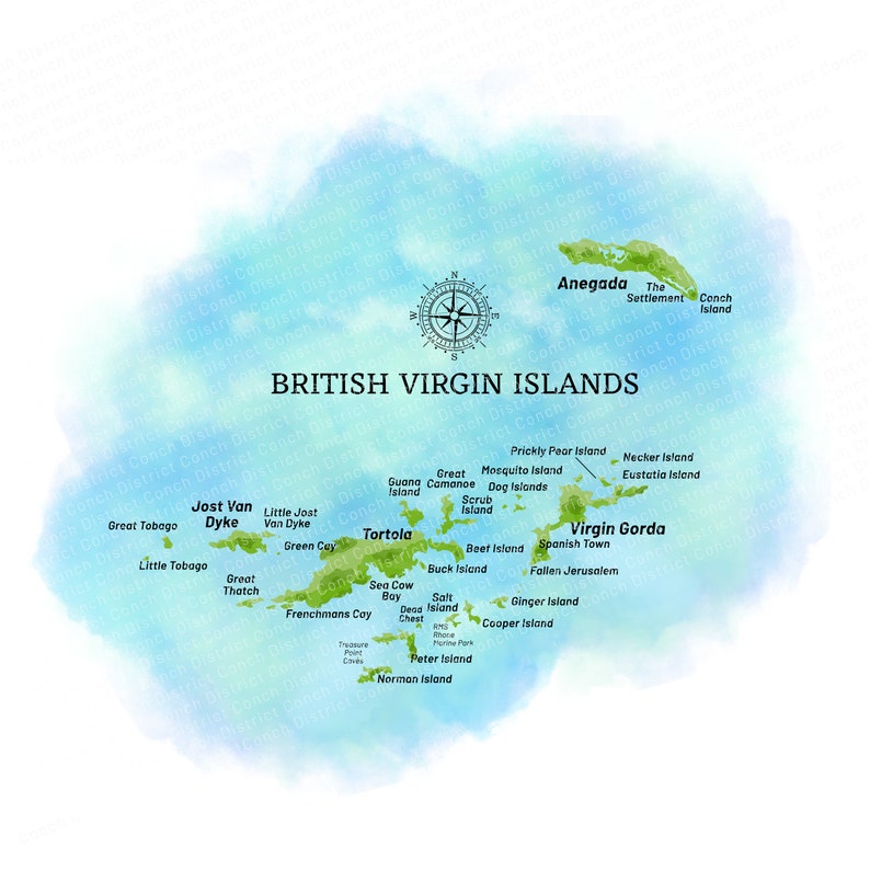 Watercolor BVI Map DIGITAL DOWNLOAD Bvi Printable Watercolor Map ...