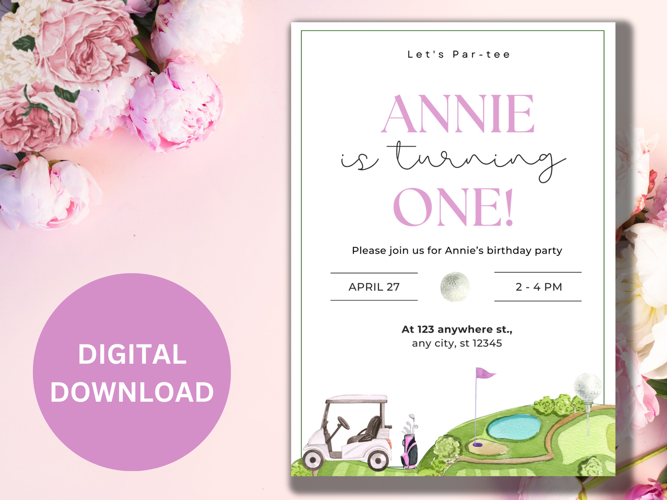 Girl Golf First Birthday Invitation, Editable Hole in One Invitation ...
