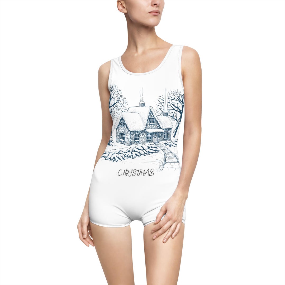 Vintage Snowy Cottage Swimsuit | Christmas Cabin Illustration - Etsy