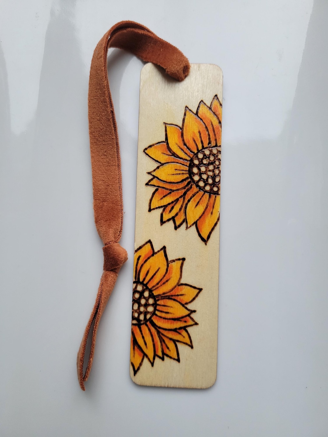Sunflower Wooden Pyrography Bookmark Velvet Ribbon - Etsy