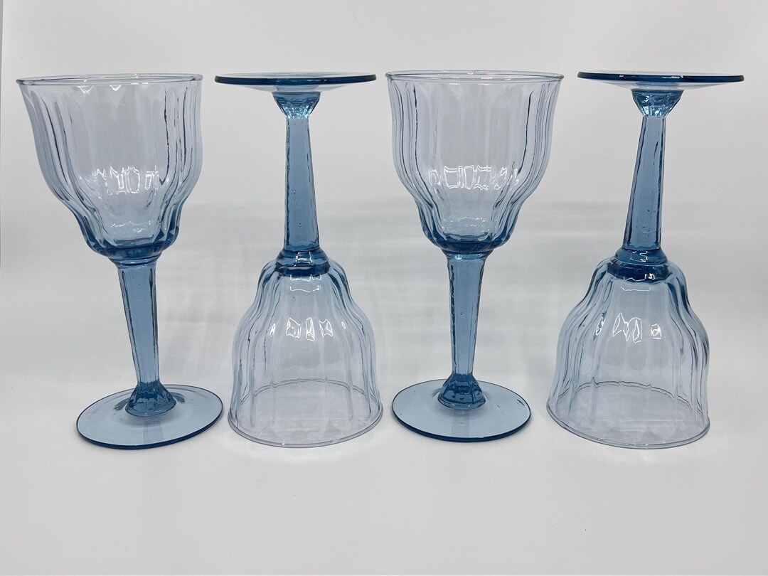 Vintage Blue Wine Glasses Ribbed Water Goblets 8" Tall - Etsy