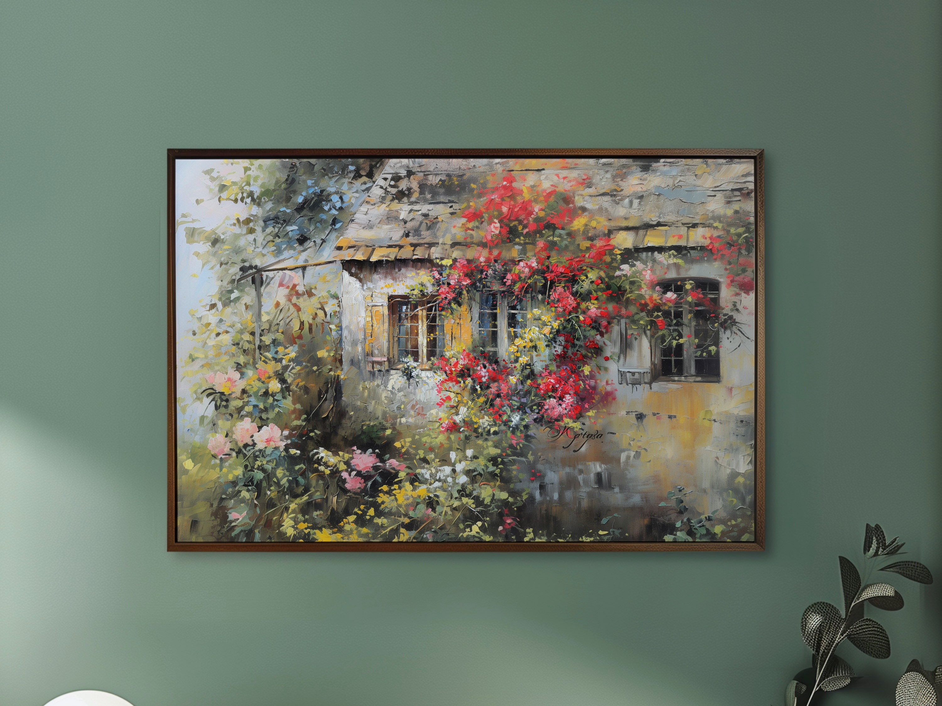 Spring Cottage Flowers Overgrown Oil Painting - Rose Garden Wall Art ...