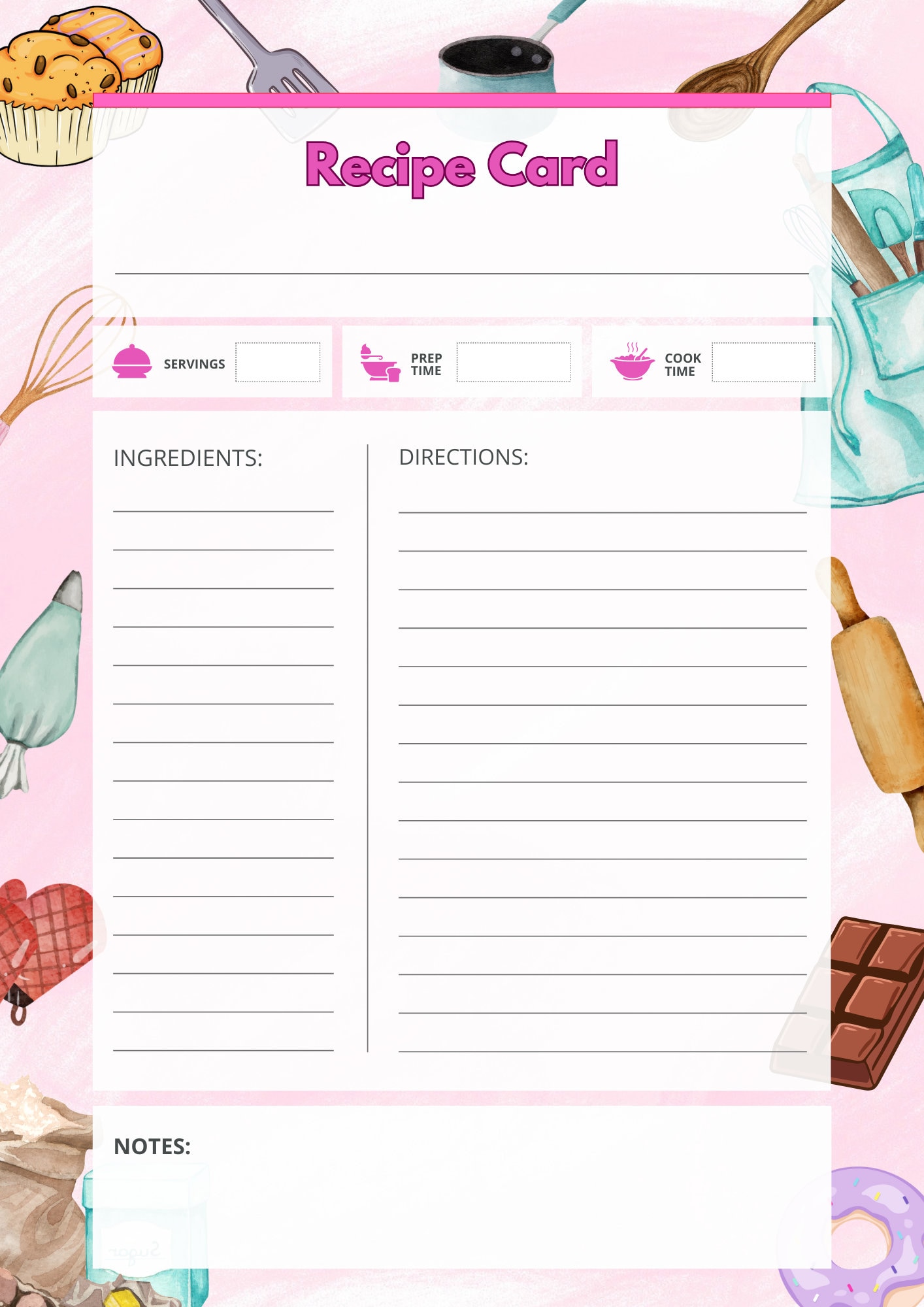 Printable Rose Watercolor Cooking Desserts Recipe Card Template Blank ...