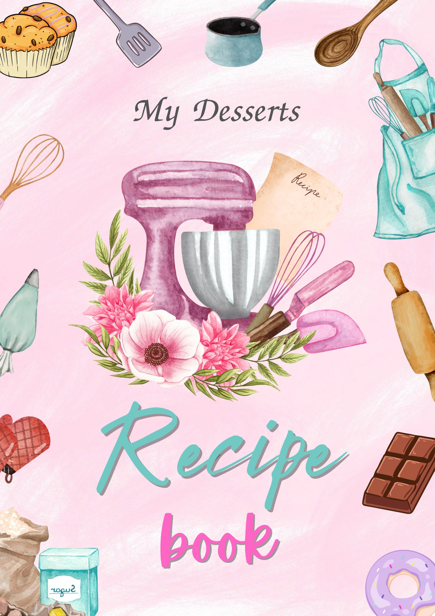Printable Rose Watercolor Cooking Desserts Recipe Card Template Blank ...