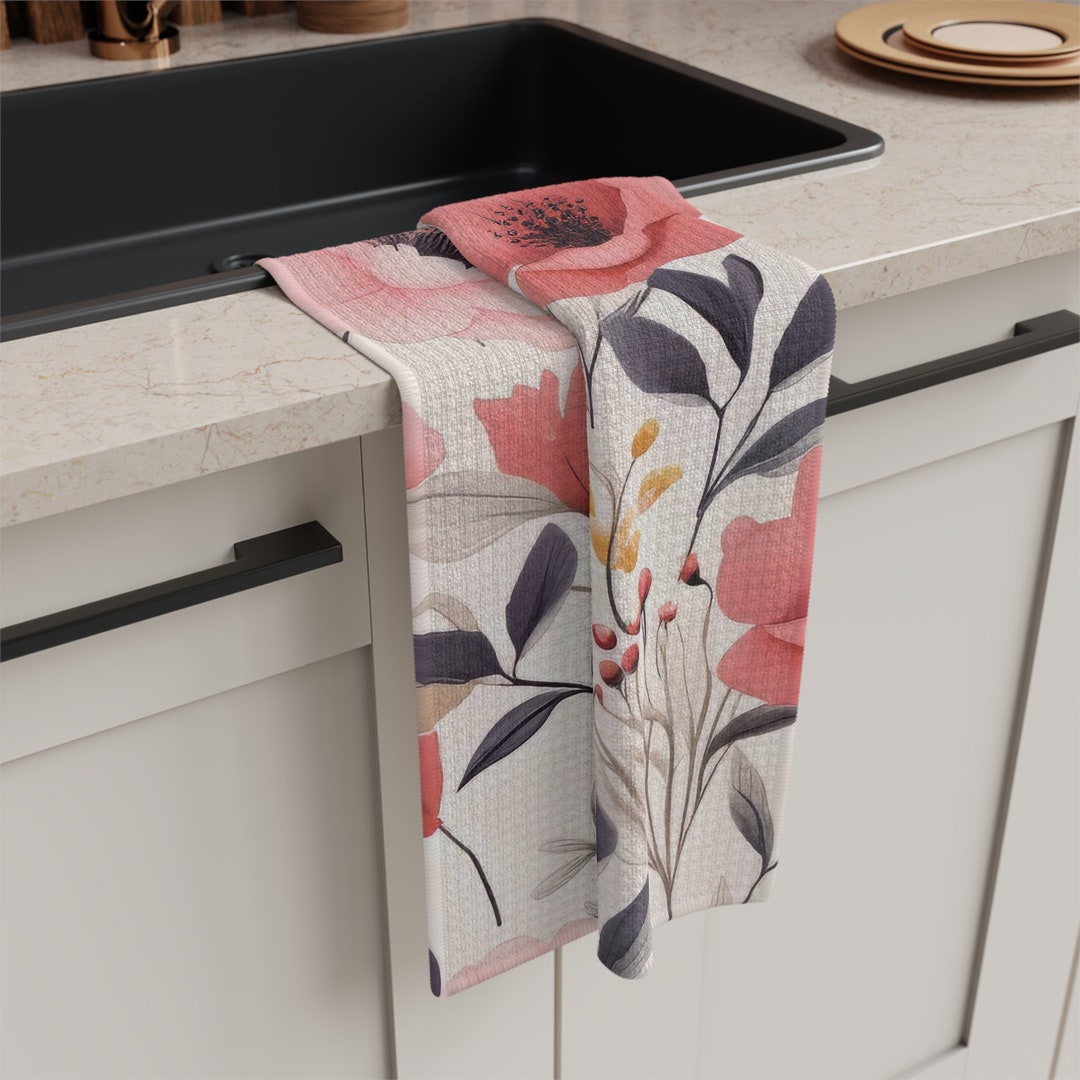 Spring Pink Floral Kitchen Towel, Spring Kitchen Towel, Summer Kitchen ...