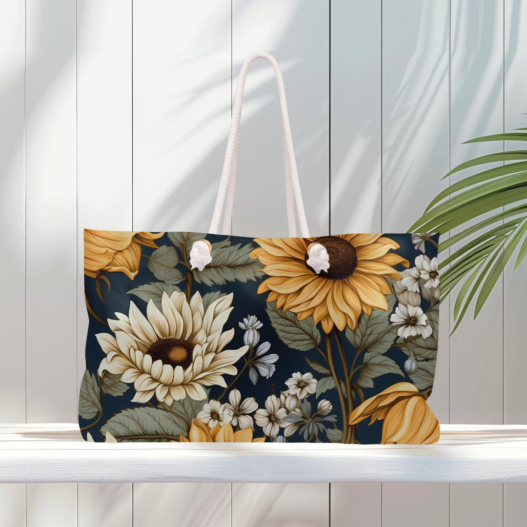 Navy Sunflower Weekender Bag, Sunflower Overnight Bag, Floral Overnight ...