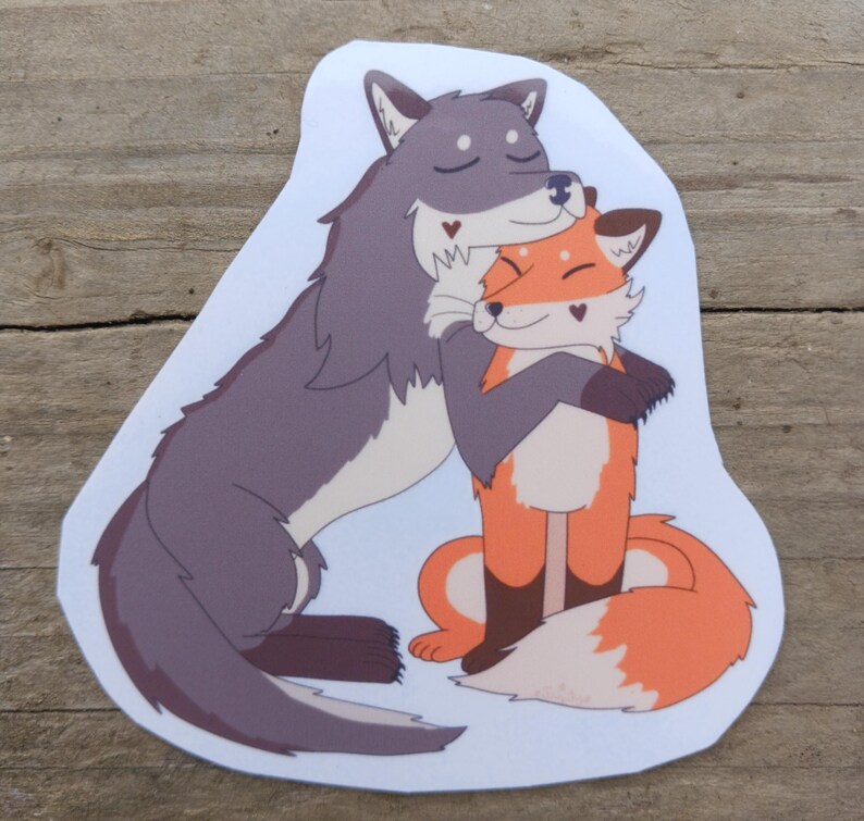 Wolf and Fox Hugging Sticker, Cute Couples and Friendship Nature Sticker for Water Bottles ...