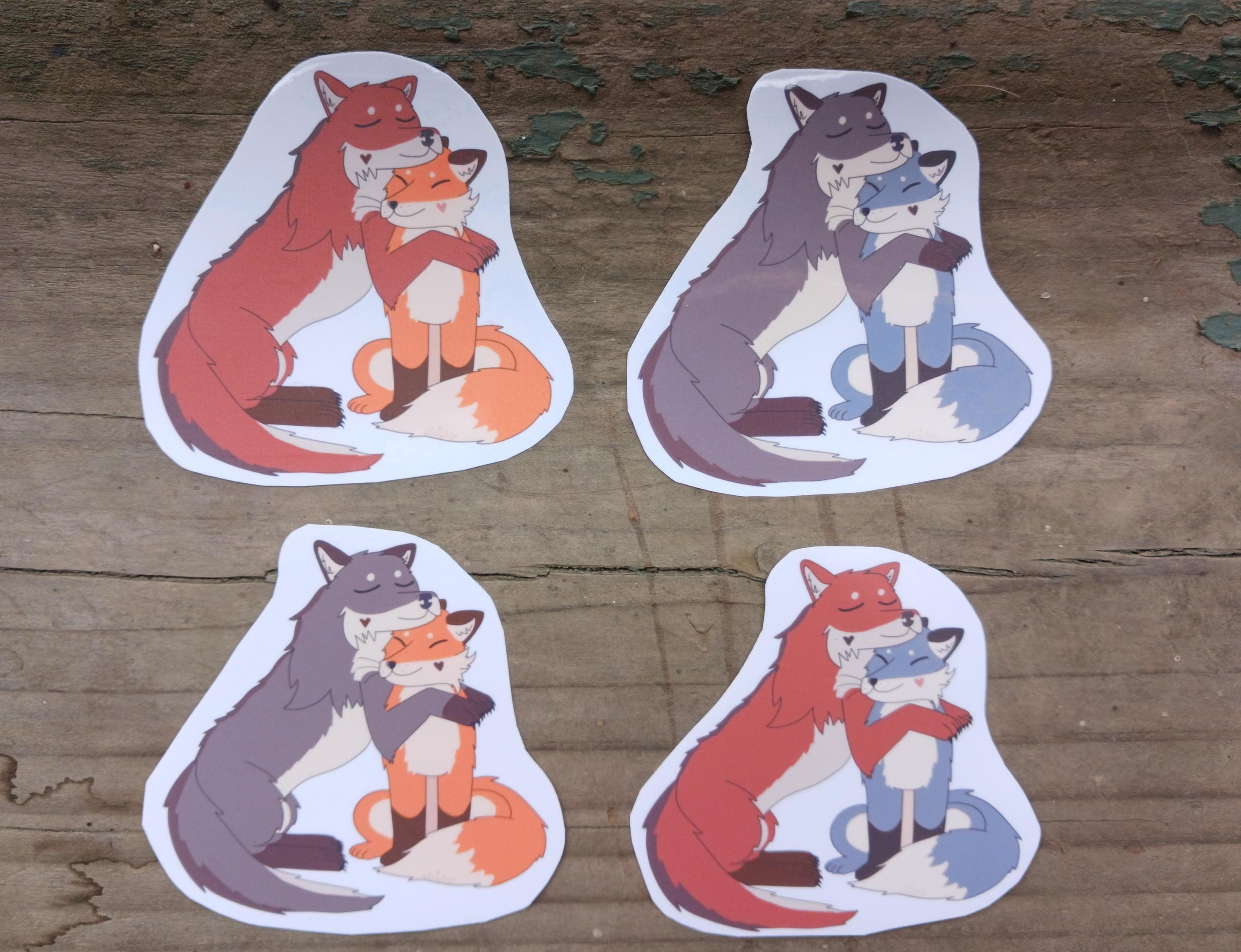 Wolf and Fox Hugging Sticker, Cute Couples and Friendship Nature ...