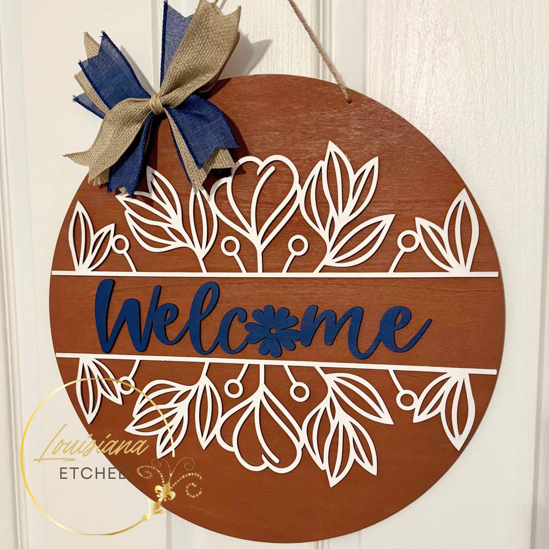 Welcome Boho Floral Wildflower Laser Cut Wood Round Door Hanger Door ...