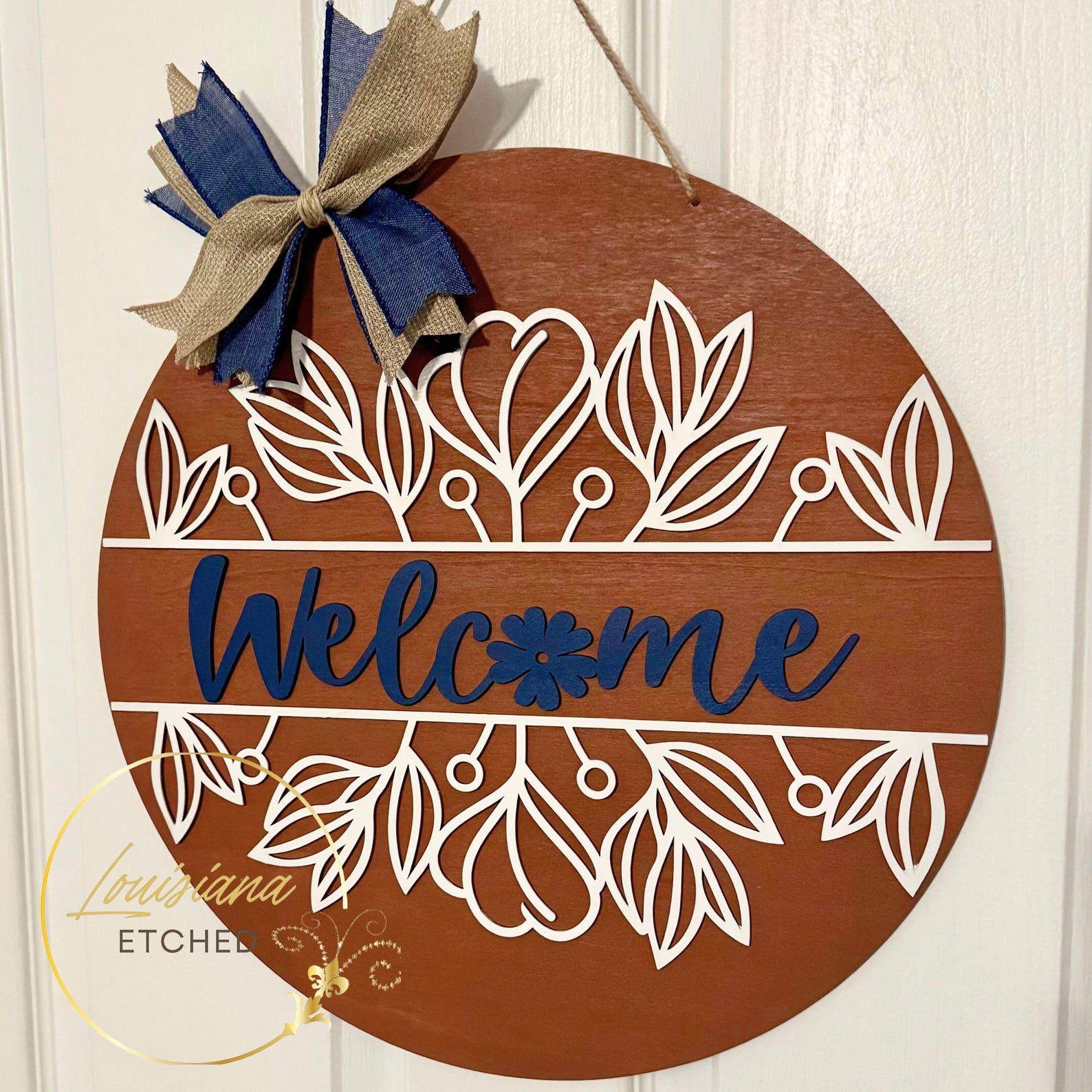 Welcome Boho Floral Wildflower Laser Cut Wood Round Door Hanger Door ...