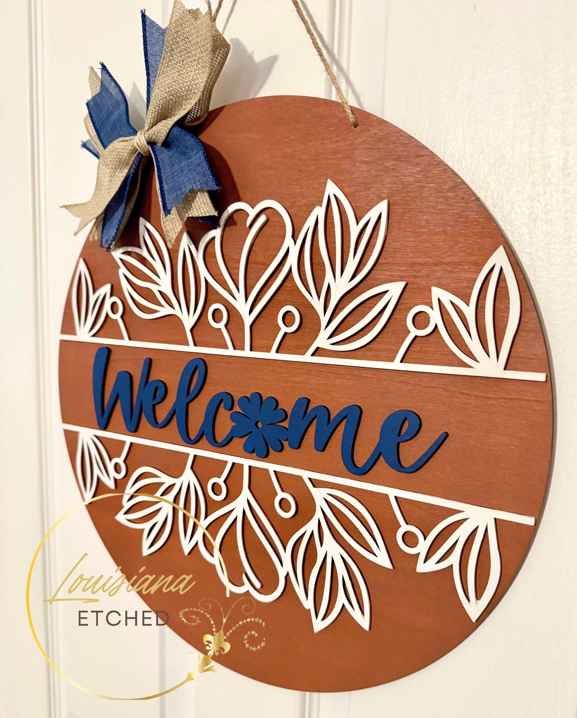Welcome Boho Floral Wildflower Laser Cut Wood Round Door Hanger Door ...