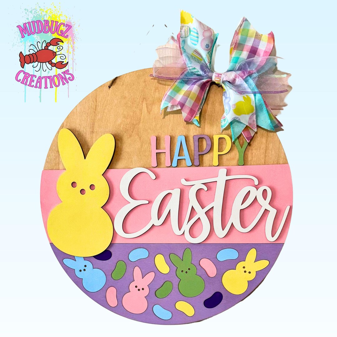 Hello Easter Bunny Peeps Door Hanger Laser Cut Wood Round Door Hanger ...