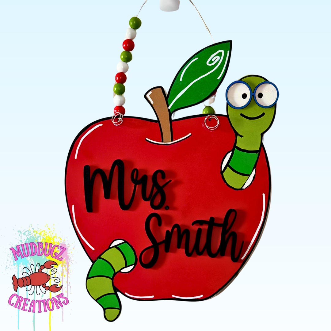 Personalized Worm in Apple Classroom Teacher Sign Door Hanger Wall ...