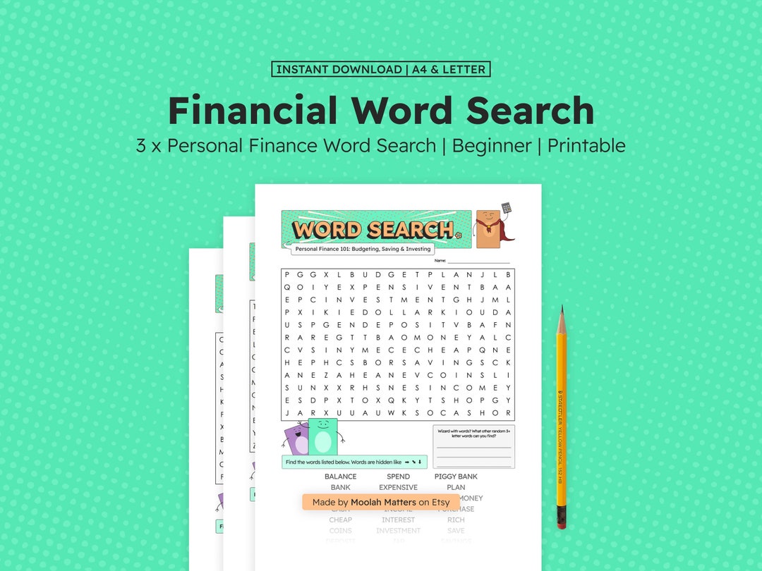 Financial Literacy Word Search 101: Beginner's Set 3 Printable Puzzles ...