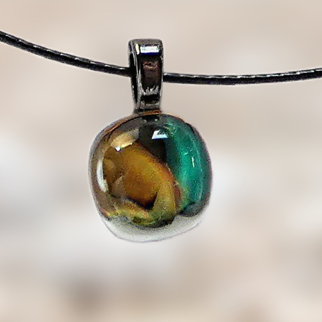 Mini Reactive Glass Pendant Necklace, Aqua Silver Brown, Hematite Bail ...