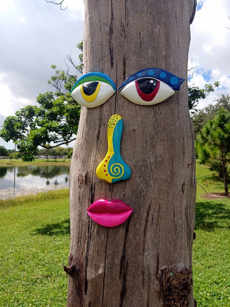 Tree Face Sculpture Colorful Style, Handmade by Artist, Decor Outdoor ...