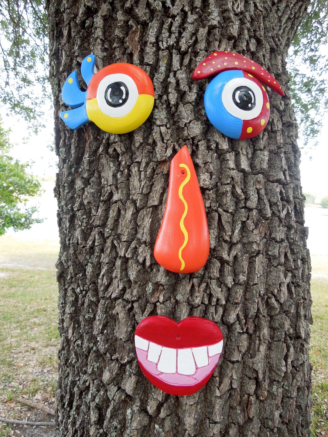 Vibrant Smiling Multicolored Tree Face, Decor Outdoor Garden, Tree ...