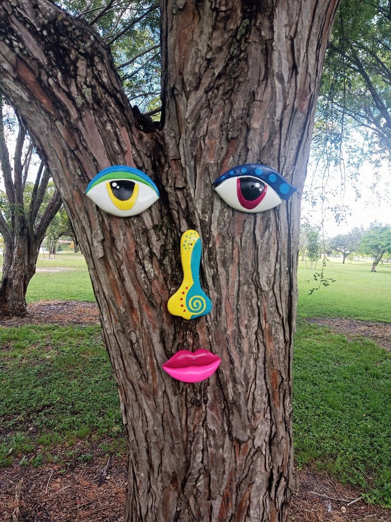 Tree Face Sculpture Colorful Style, Handmade by Artist, Decor Outdoor ...
