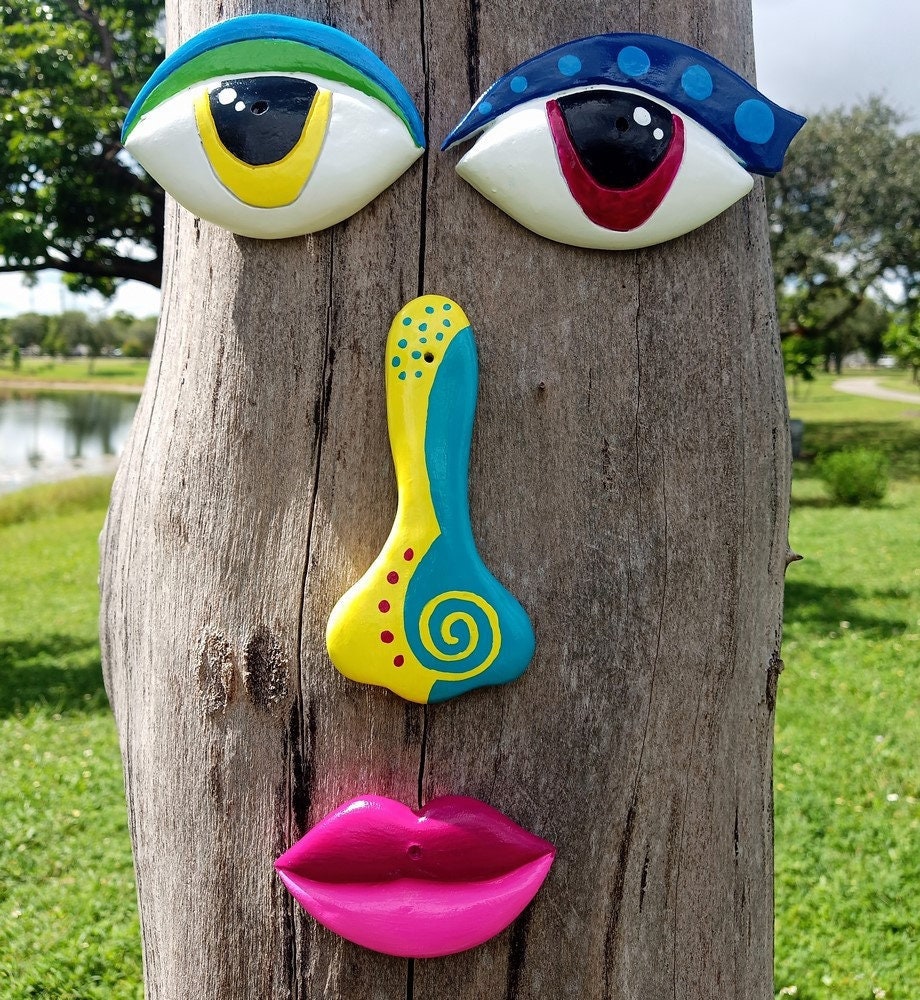 Tree Face Sculpture Colorful Style, Handmade by Artist, Decor Outdoor ...